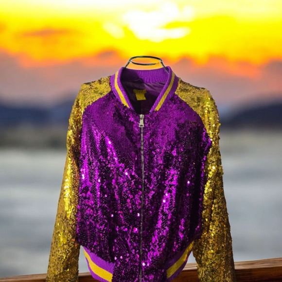 Daisy | Jackets & Coats | Daisy Vibrant Purple And Gold Sequin Bomber ...